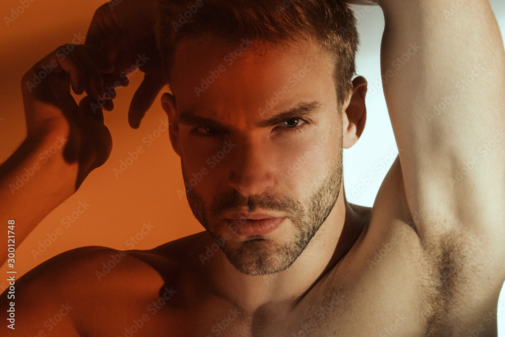 Strong stripped muscle male model in white underwear on white isolated ...