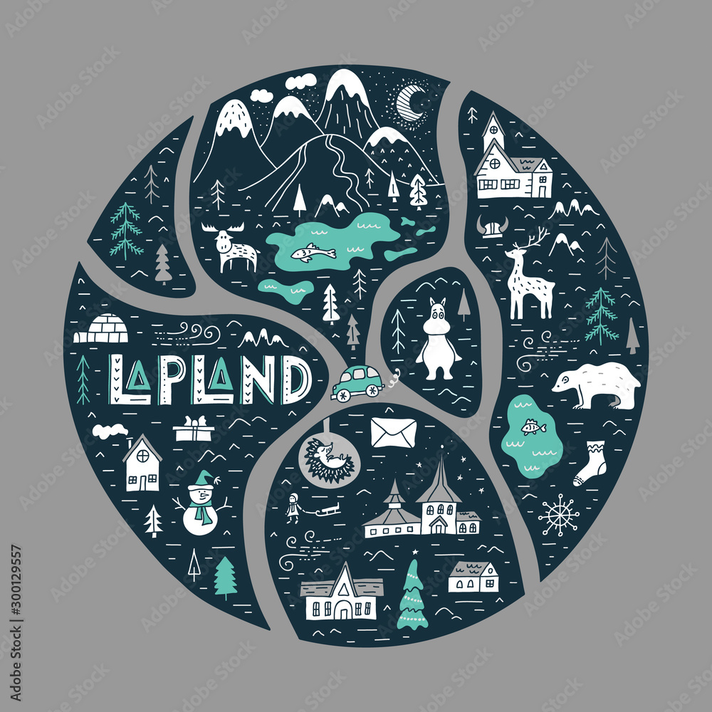 Image vectorielle Stock Cartoon map of Lapland hand-drawn. City map ...