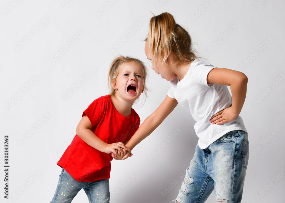 Two girls friends, sisters are fighting, crying, yelling, argue, hurt ...