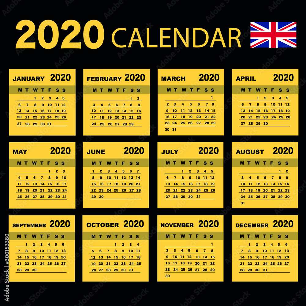 English calendar 2020 with simple black numbers, week starts on Monday ...