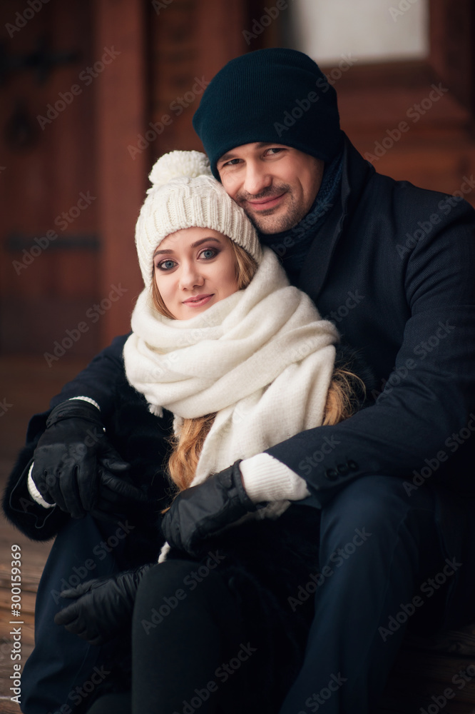 Young lovers couple hug each other dr winter walk in the park Stock ...