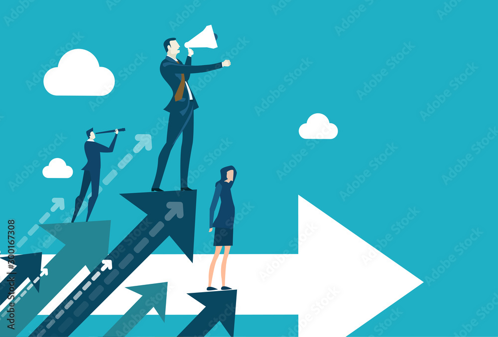 Successful businessman standing on the arrow, which pointing up as ...
