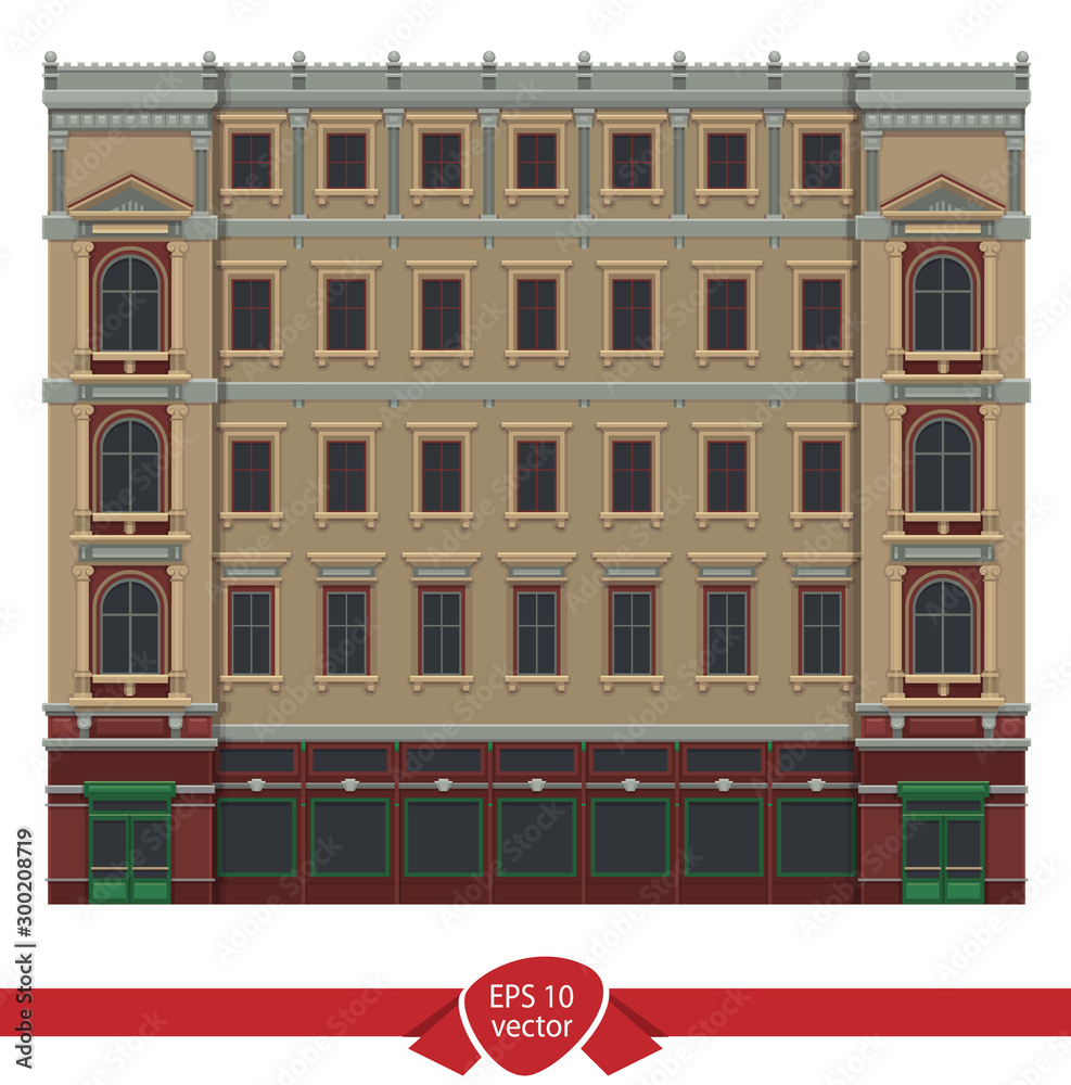 Detail front view house facade building outline contour with shop ...