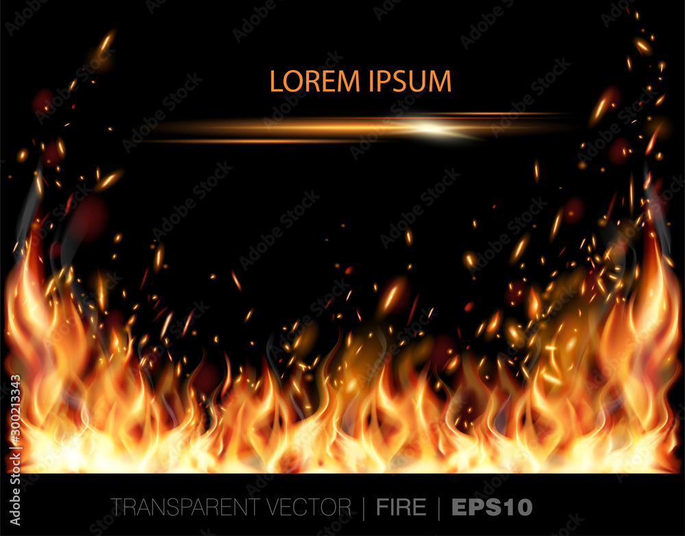 Vector transparent realistic fire flames with sparks and light effect ...
