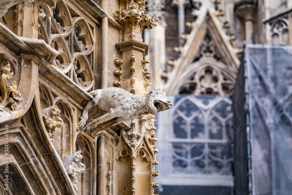 Grotesque gargoyle water spout sculpture on facade of gothic medieval ...