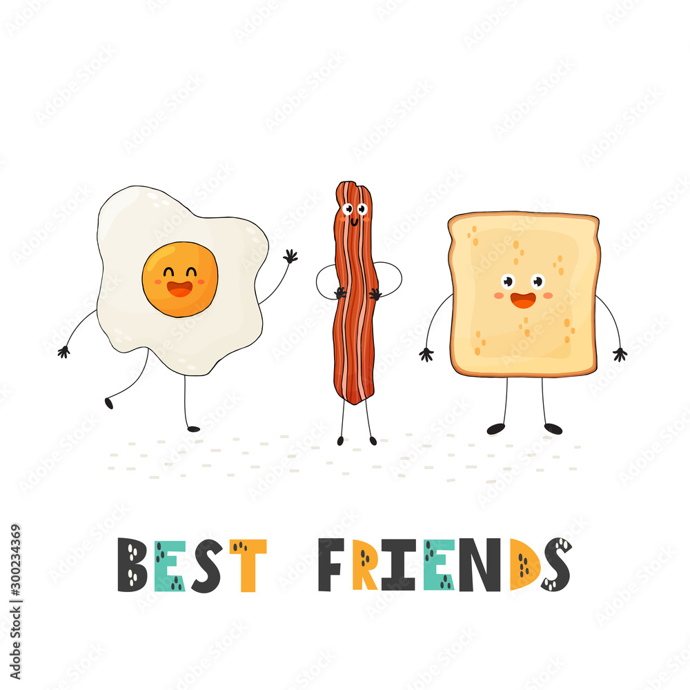 Best friends card with cute food characters - egg, bacon and toast ...
