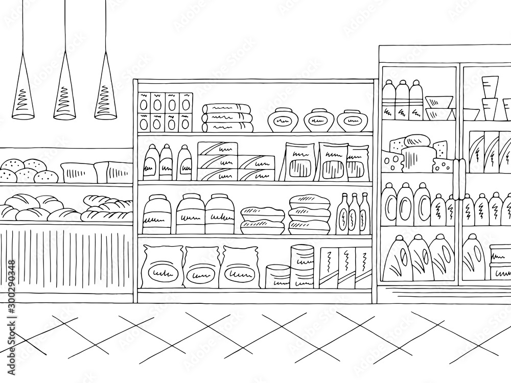 Grocery store shop interior black white graphic sketch illustration ...