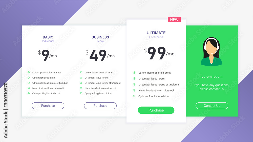 Price comparison table for three products / price list and customer ...