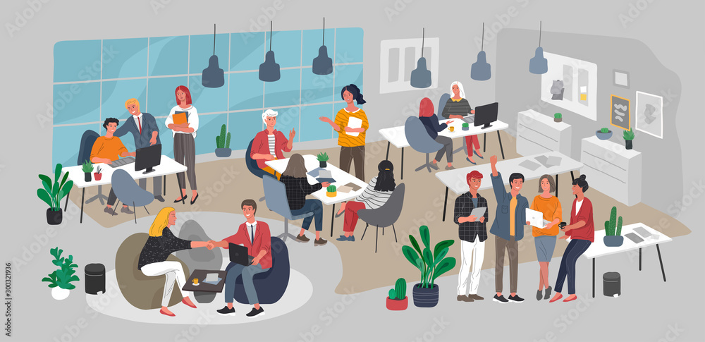 Office interior workplace with group workers communicating or talking ...