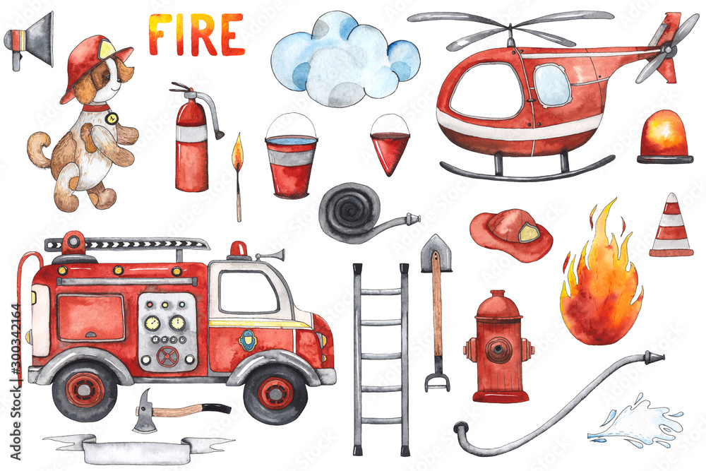 Watercolor cartoon cute set Firefighting and fire safety equipment ...