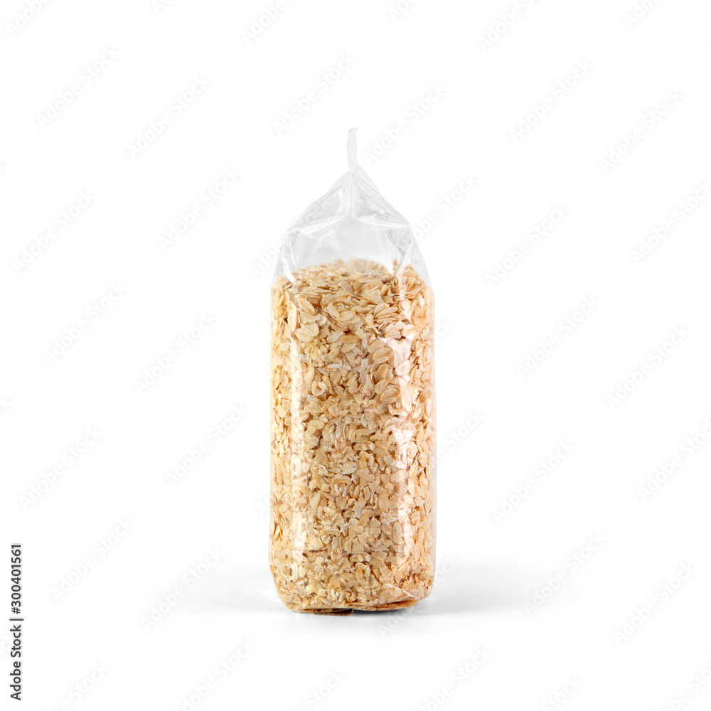 Oat flakes in transparent plastic bag isolated on white background ...