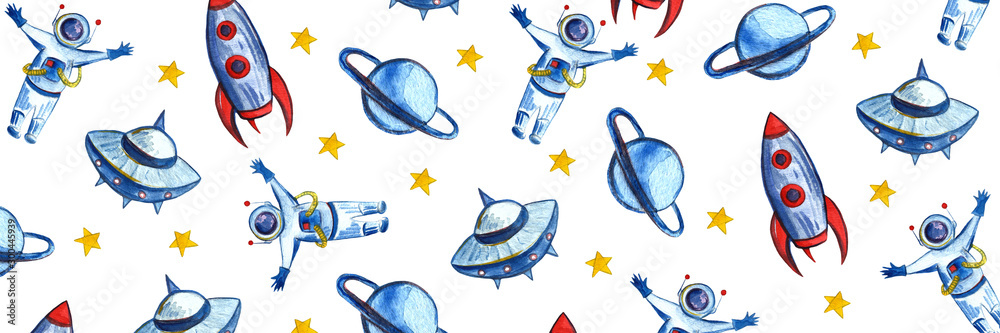 Hand drawn with pencil watercolor Space Background for Kids. Cartoon ...