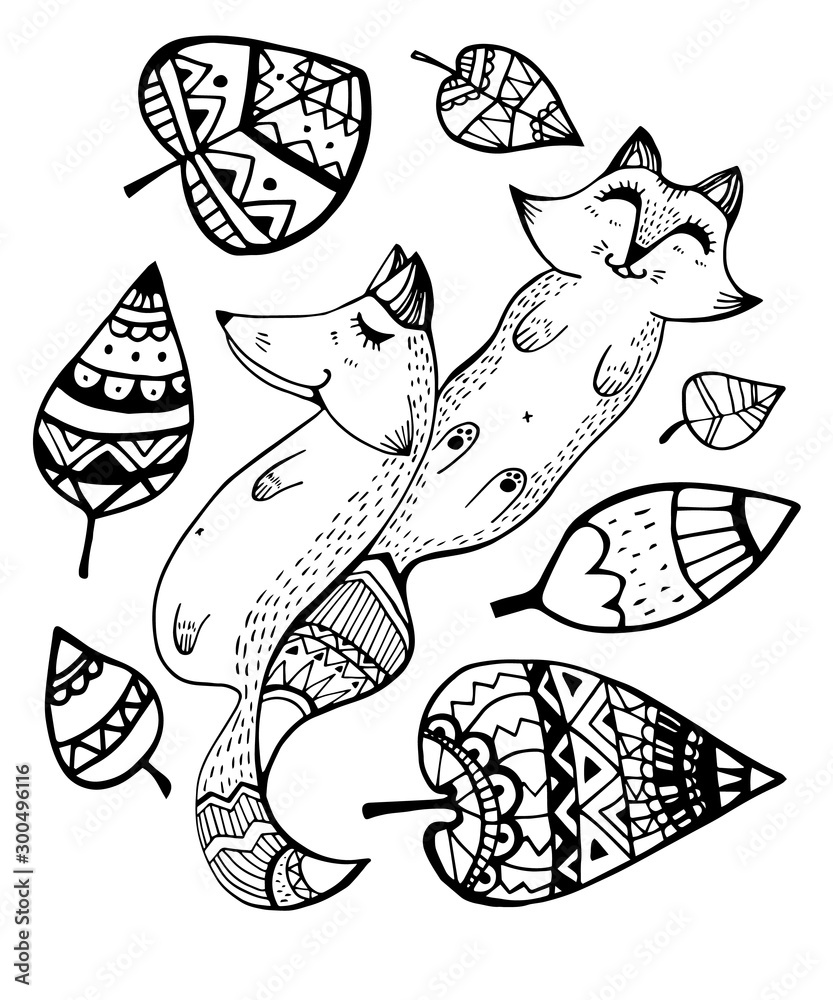 coloring book page for adult and kids. Cute little cartoon fox with ...