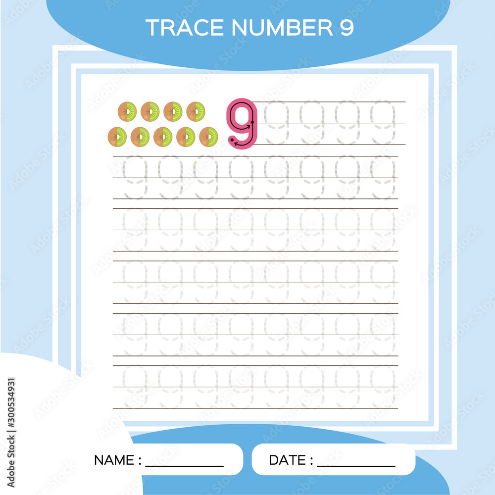 Trace number 9. Nine. Children educational game. Kids learning material ...
