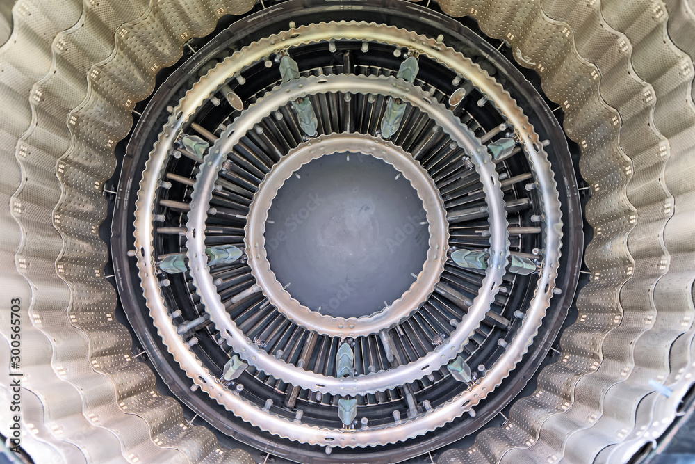 airplane jet engine interior gas exhaust pipe against aircraft motor ...