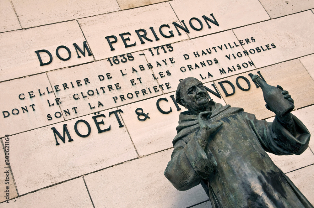 Statue of monk Dom Perignon, at the entrance of the Champagne house ...