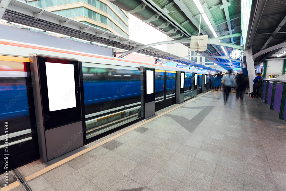 Mock up blank digital ads in BTS skytrain station with motion of ...
