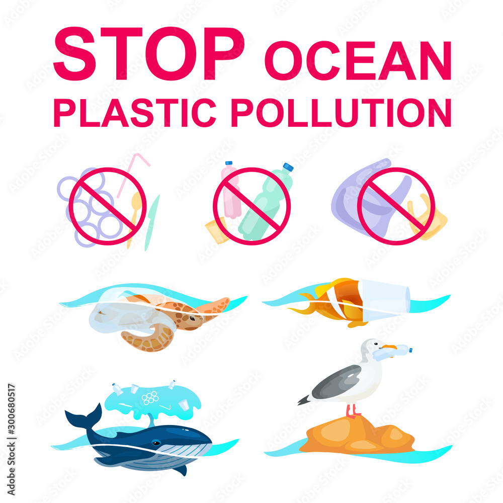 Vector de Stock Stop plastic pollution in ocean flat concept icons set ...