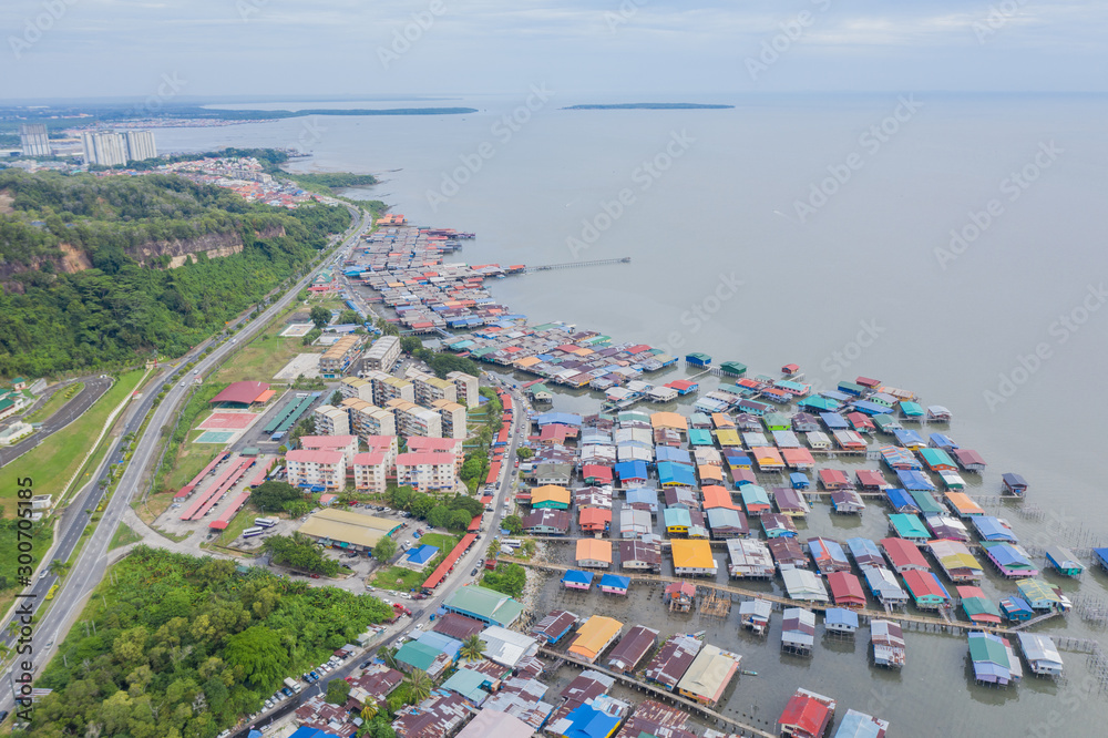An aerial image of local water village houses at Kg. Sim Sim water ...