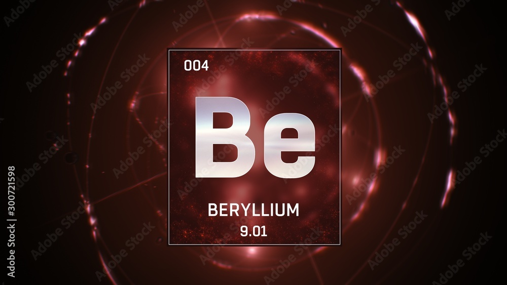 3D illustration of Beryllium as Element 4 of the Periodic Table. Red ...