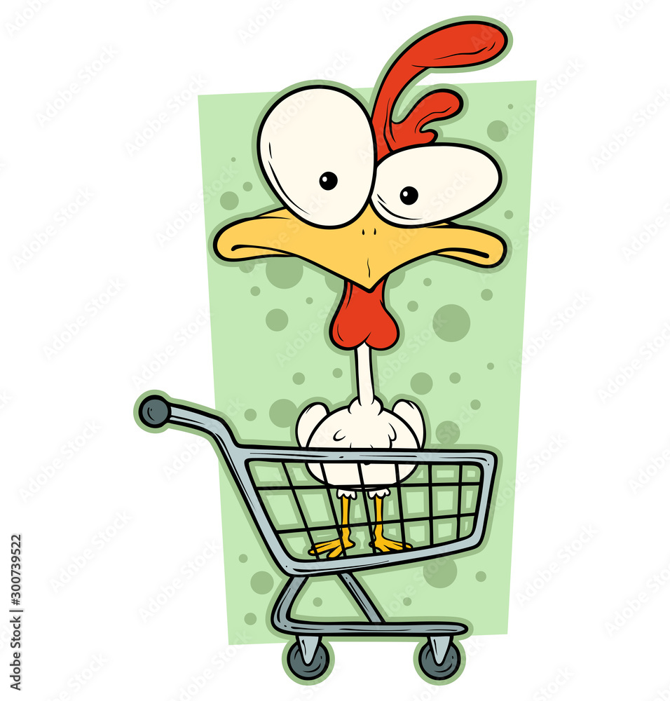 Cartoon colorful funny cute crazy chicken with big eyes in supermarket ...
