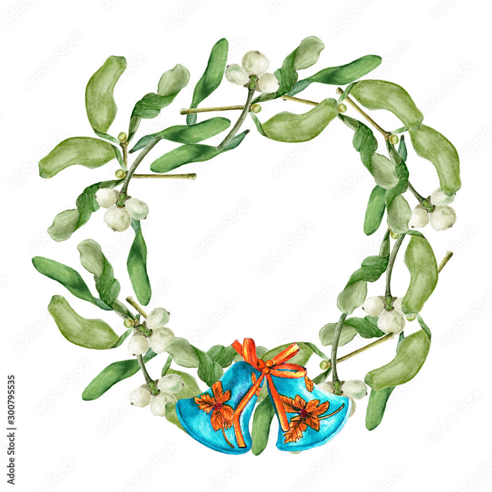 Christmas wreath with Omela, Holly, Mistletoe or Viscum and bells. Hand ...