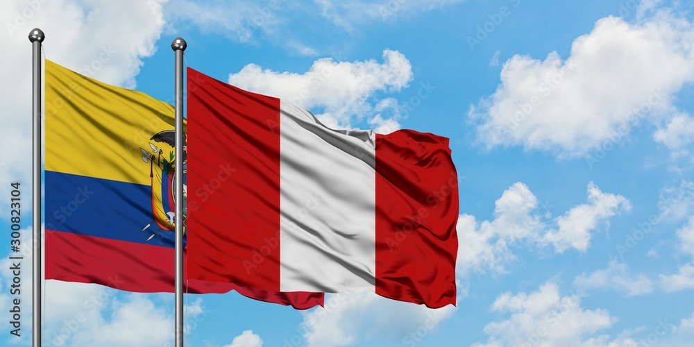 Ecuador and Peru flag waving in the wind against white cloudy blue sky ...