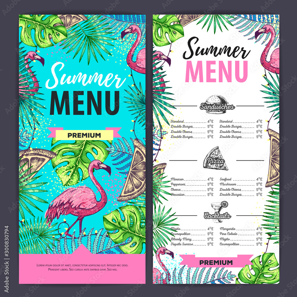 Hand drawing summer menu design with flamingo and tropic leaves ...
