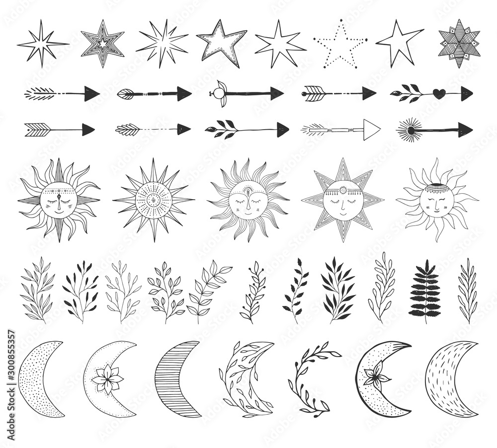 Set of hand drawn arrow, star, sun, moon, herb and leaf. Vector ...