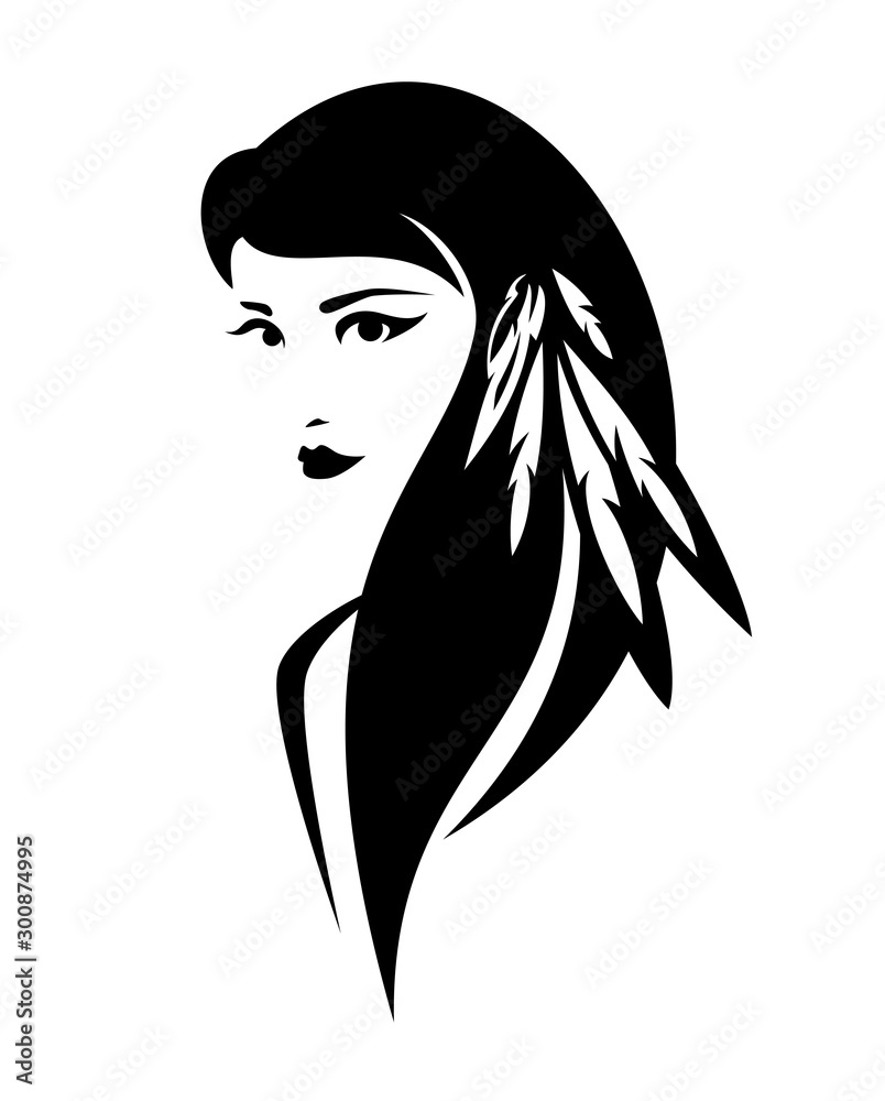 beautiful young native american indian woman with feathers in hair ...
