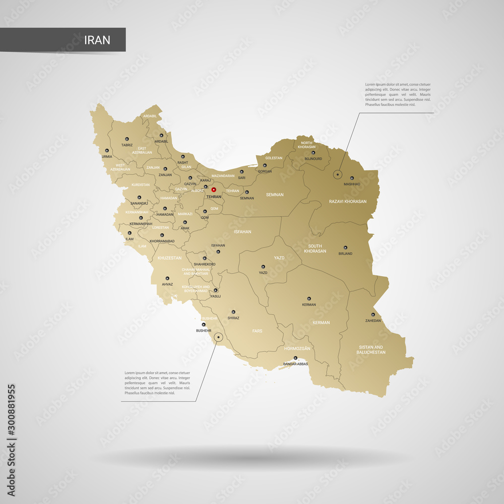 Stylized vector Iran map. Infographic 3d gold map illustration with ...