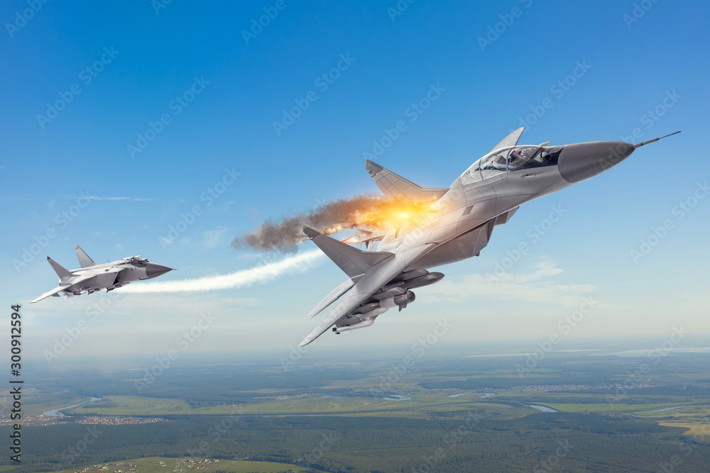 Combat fighter launched a homing missile and explosion hit a target ...