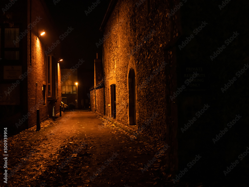 A dark and quiet city centre alley way illuminated by street lights at ...