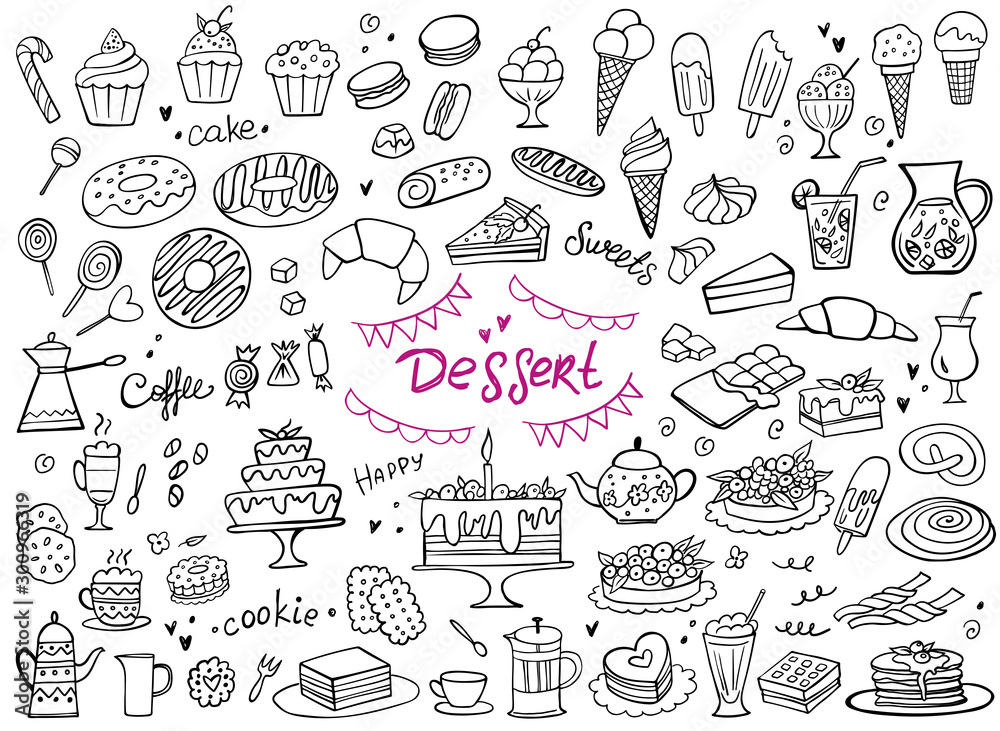 Set of doodle sweets food on white. Vector illustration. Cakes ...
