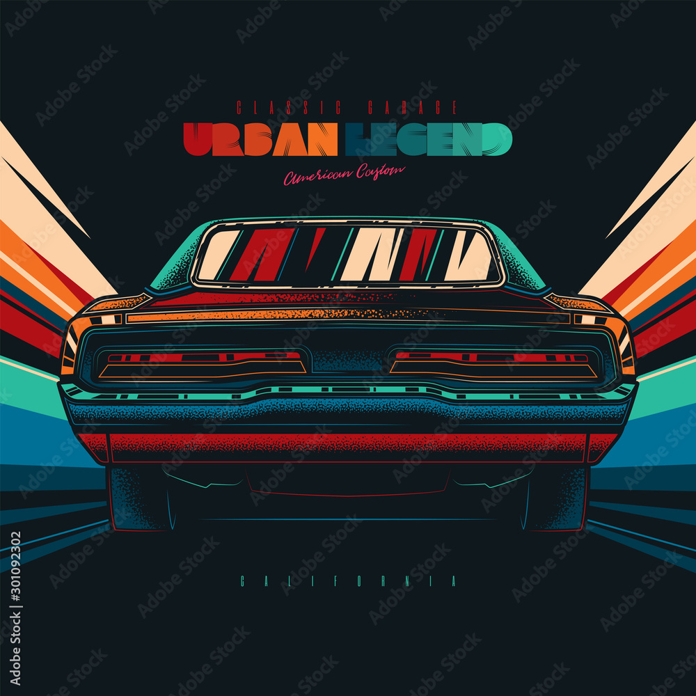 Original vector retro print car on abstract background rides on road ...