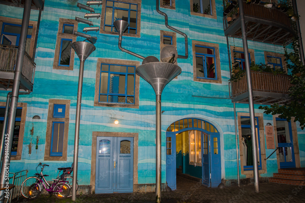 DRESDEN, GERMANY: Kunsthofpassage. Exterior of blue singing house in ...