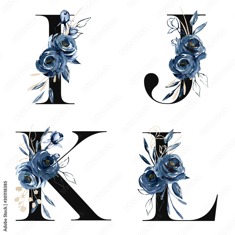 Floral alphabet, letters set with watercolor flowers and leaf. Navy ...