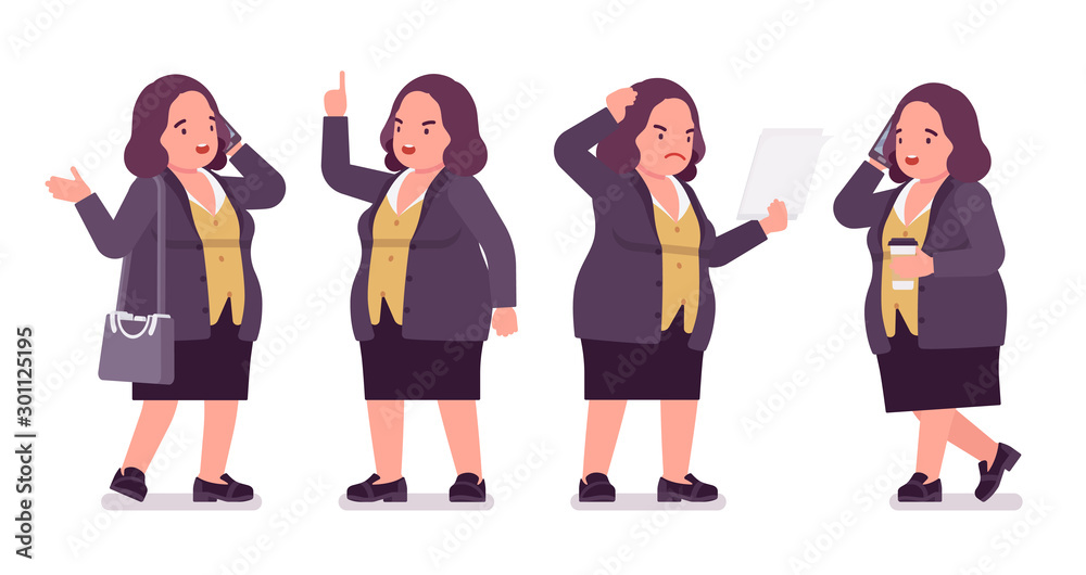 Chubby woman on business work. Overweight middle aged lady, kind civil ...