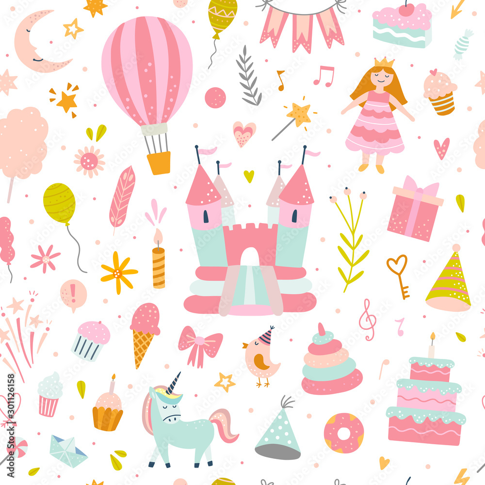 Pink pattern for girls with funny toys and kids elements. Vector ...