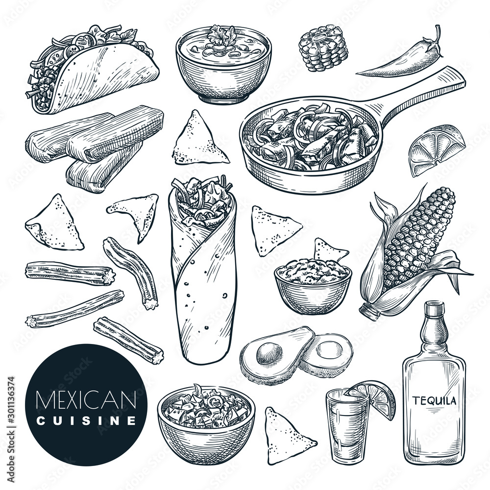 Mexican traditional food, vector sketch illustration. Hand drawn snack ...