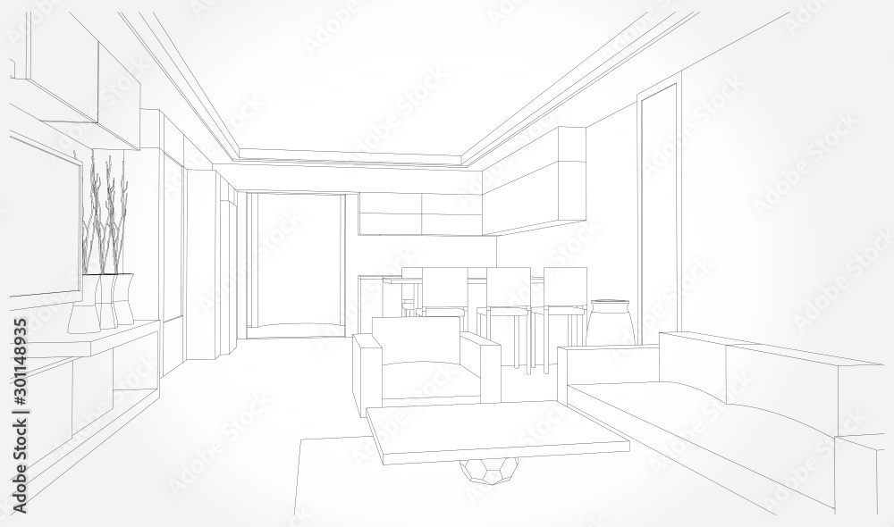 Linear sketch of an interior. Sketch Line dining room . Vector ...