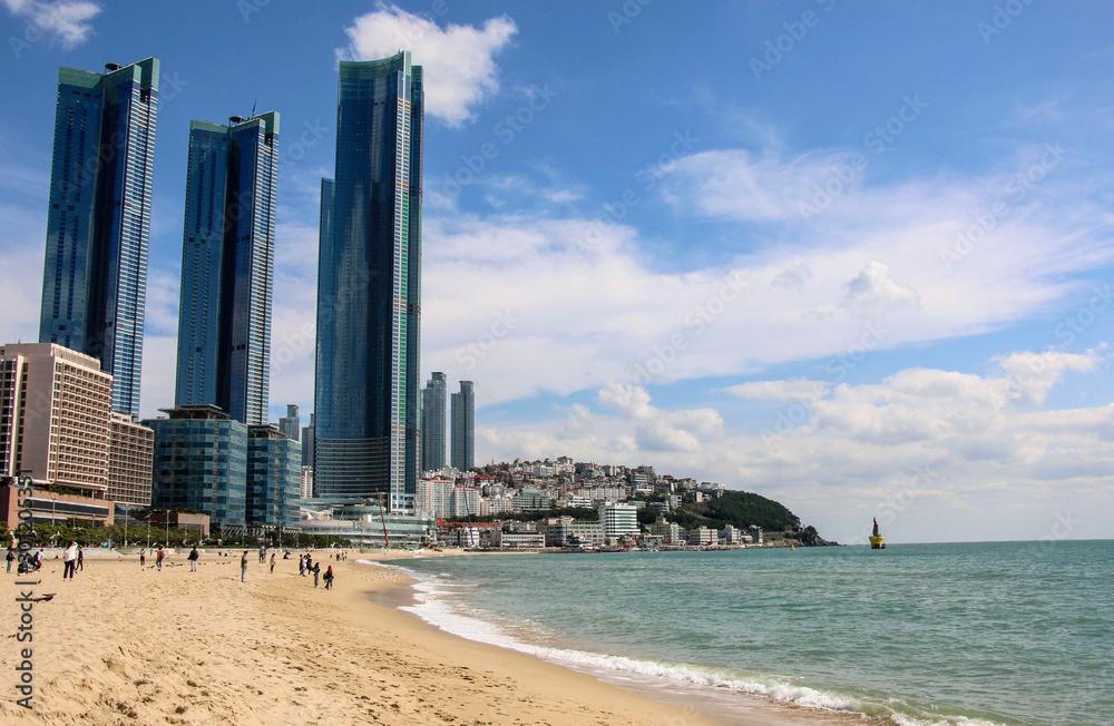 Skyscrapers and Haeundae beach landscape, one of the most famous and ...