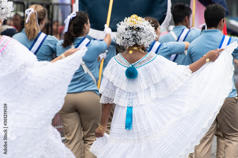 Unidentifiable woman wearing traditional white Panamanian dress and ...