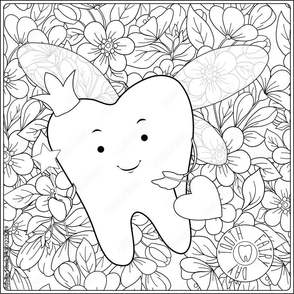 Tooth fairy. Vector cartoon illustration. Stylized tooth. Outline hand ...