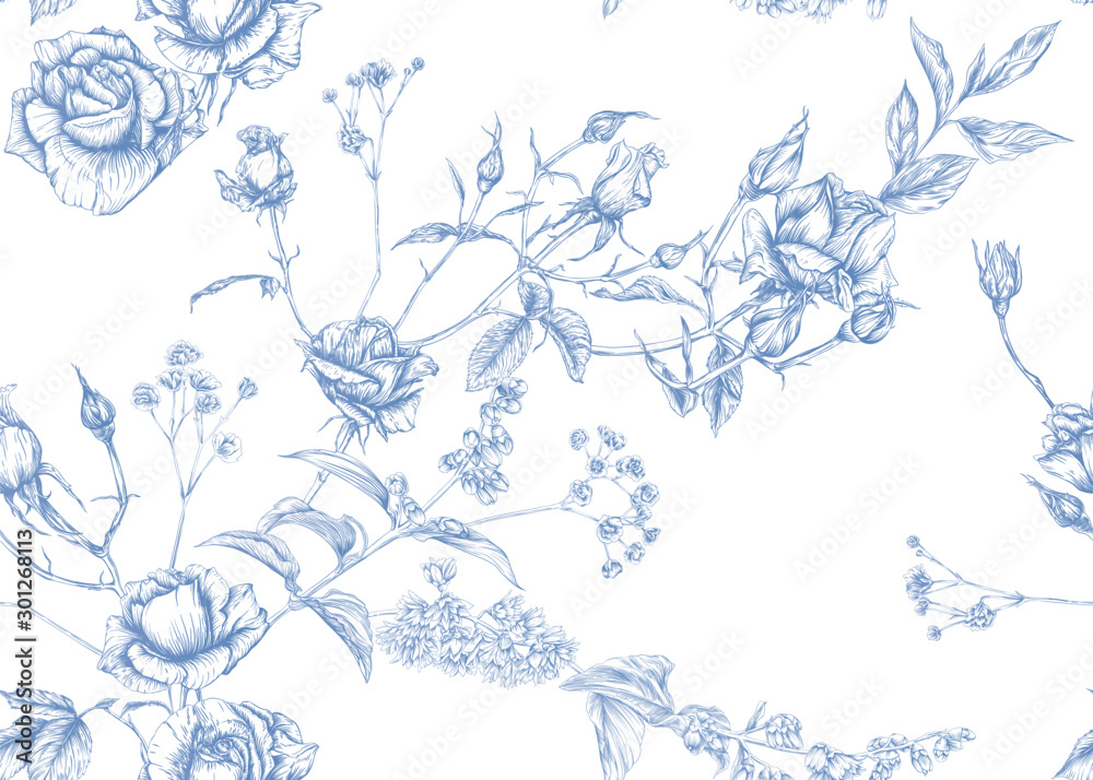 Roses and spring flowers seamless pattern. Graphic drawing, engraving ...