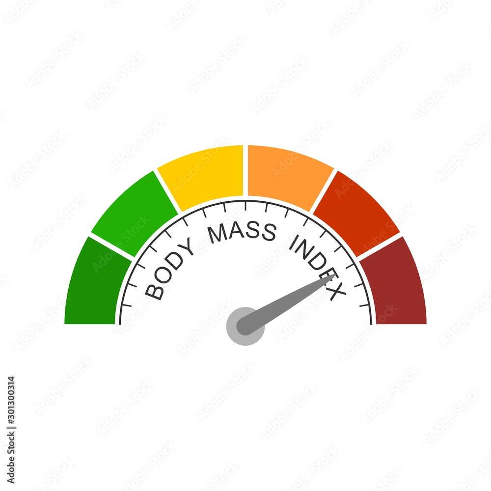 Body mass index meter read high level result. Color scale with arrow ...