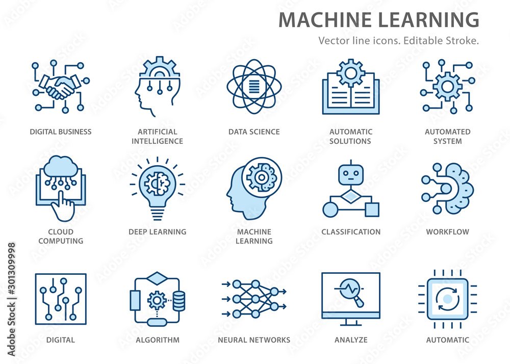 Machine learning line icons set. Vector illustration. Editable stroke ...