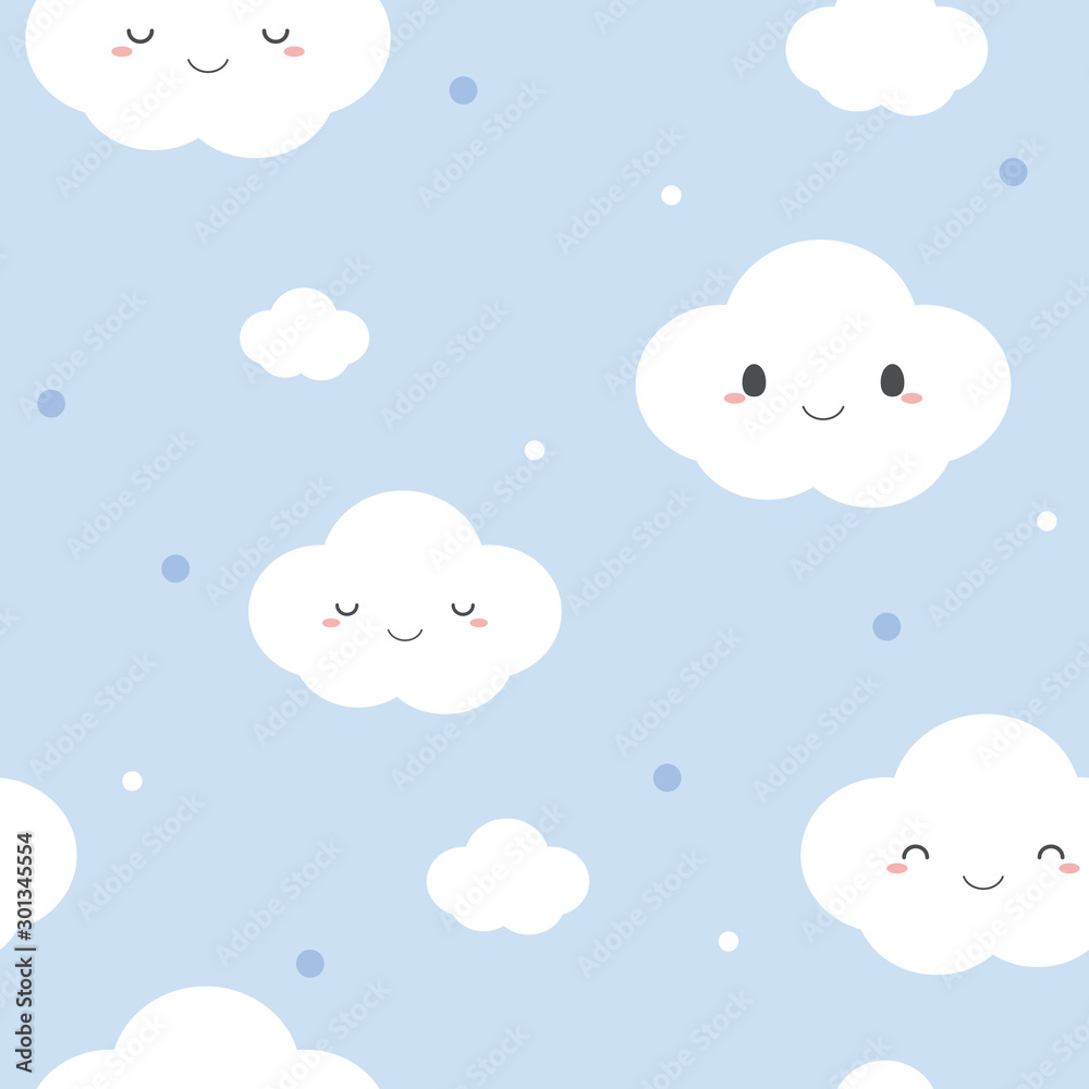 Seamless pattern of cute white clouds on pastel blue background. Stock Vector | Adobe Stock