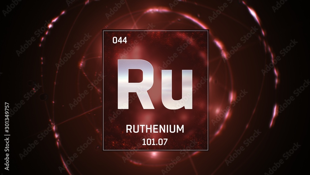 3D illustration of Ruthenium as Element 44 of the Periodic Table. Red ...