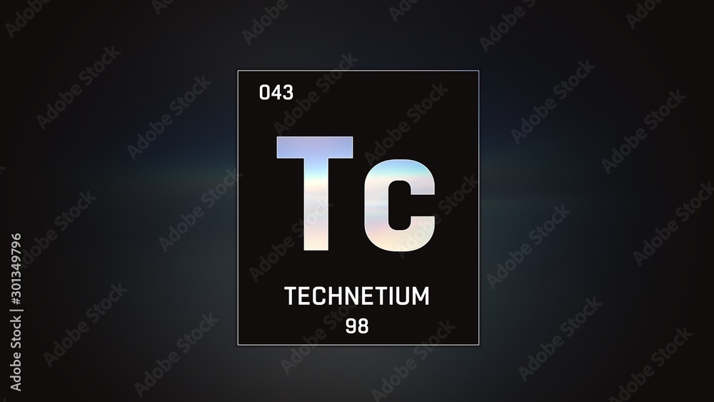 3D illustration of Technetium as Element 43 of the Periodic Table. Grey ...